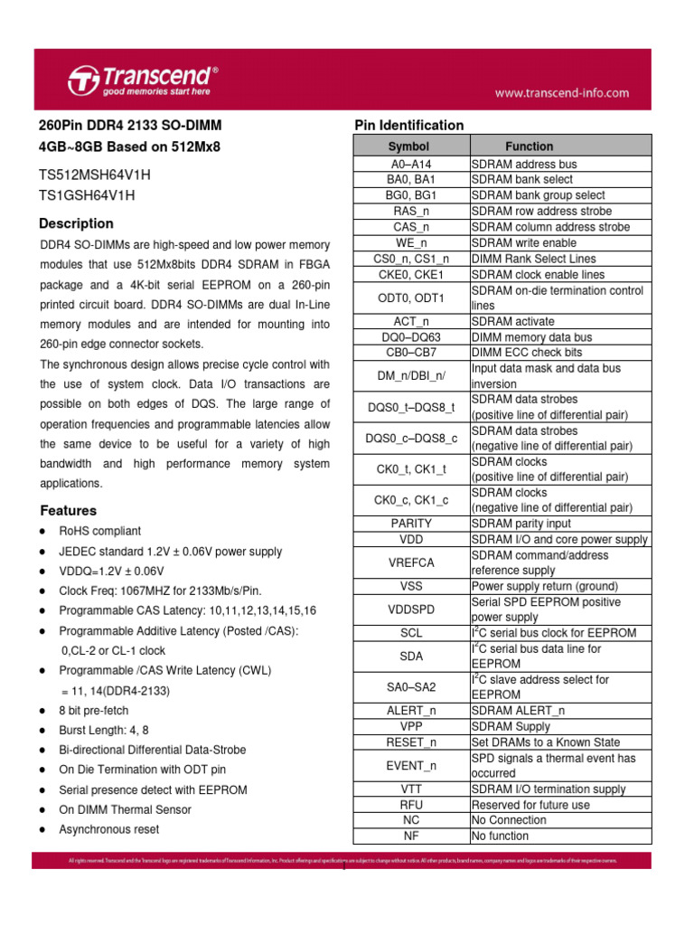 Datasheet DDR4 SO-DIMM Based On 4Gb - V1.0 | PDF | Computer Data Storage | Electronic Engineering