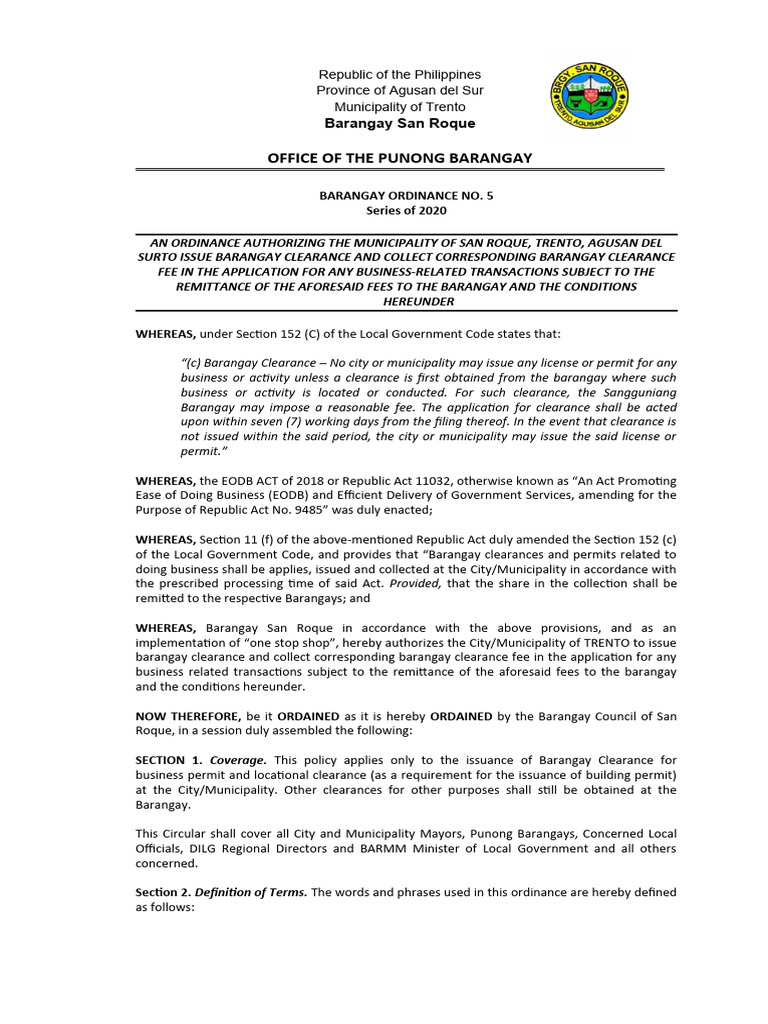 Barangay Ordinance Barangay Clearance Issuance Sample | PDF | Justice ...