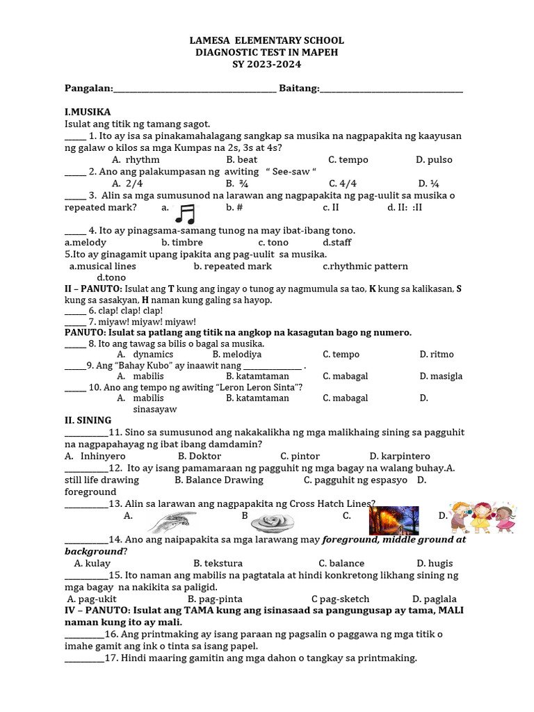 Diagnostic in Mapeh | PDF