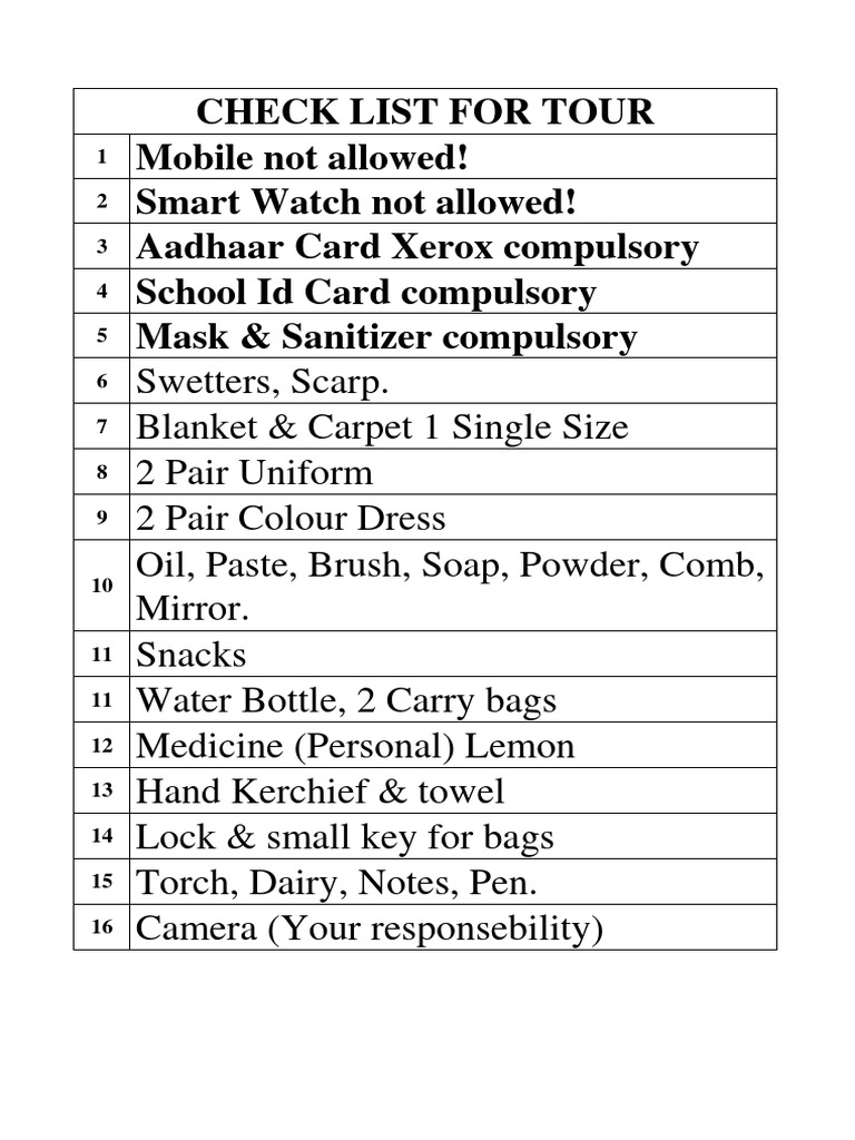 Essential Tour Checklist for Students | PDF