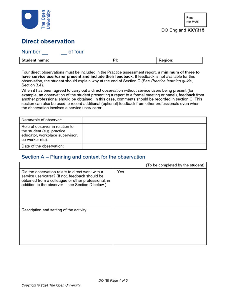 Direct Observation Form (England) KXY315-3 | PDF | Caregiver | Well Being