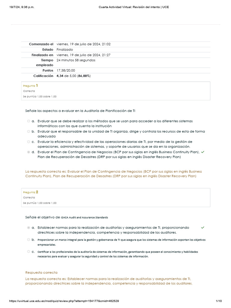 Cuarta Actividad Virtual - Revisión Del Intento - UCE | PDF | Auditoría | Planificación