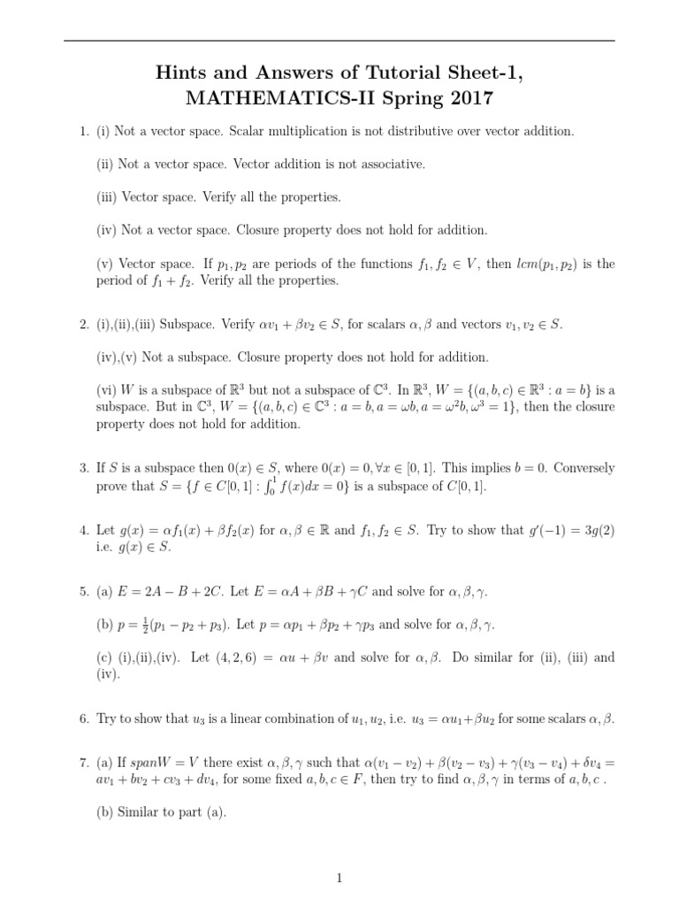 Hints-Math-Ii - Tutorial Sheet-1 | PDF | Linear Subspace | Vector Space