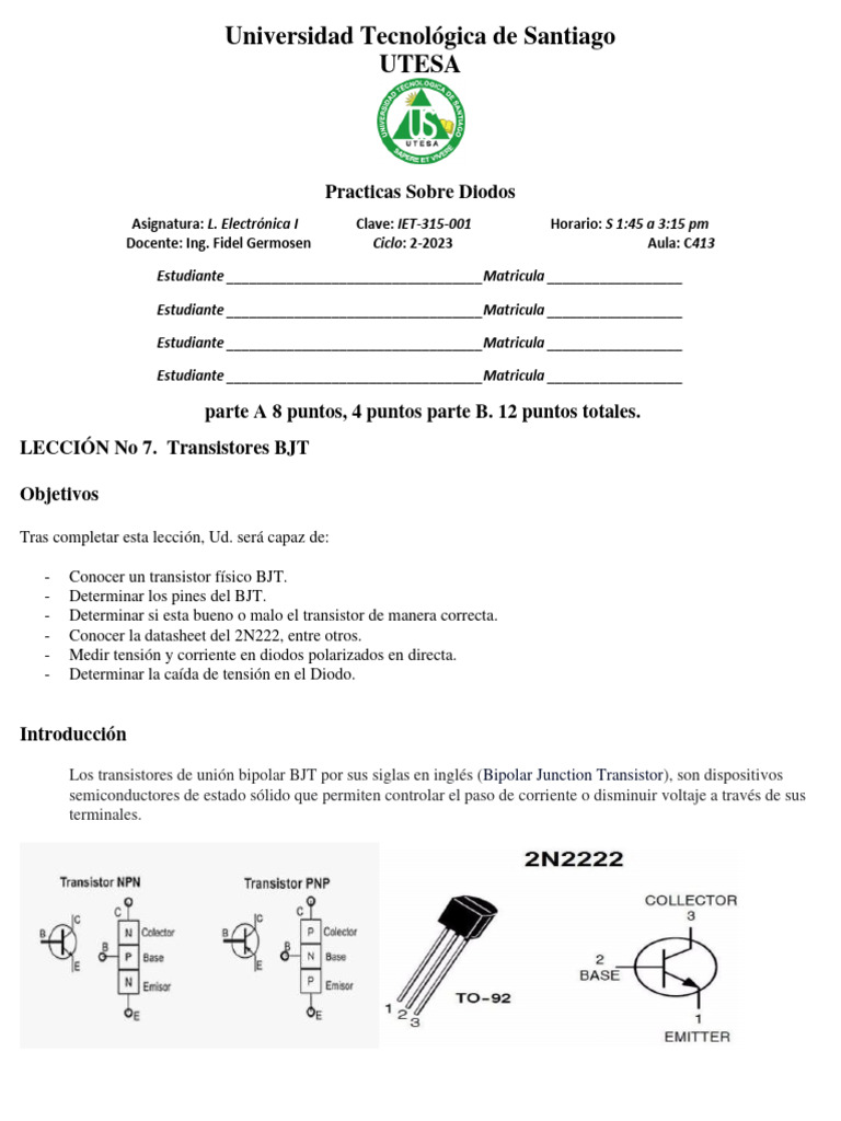 7 Práctica Taller Electrónica I | Descargar gratis PDF | Transistor | Transistor de unión bipolar
