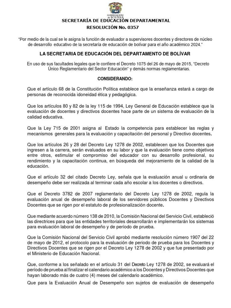 RESOLUCION ASIGNACION EVALUADORES 2024 - Revisado Resolucion 0357 | PDF | Evaluación | Educación ...