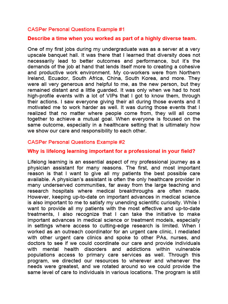 CASPer Personal Questions Example | PDF | Medicine | Cognition