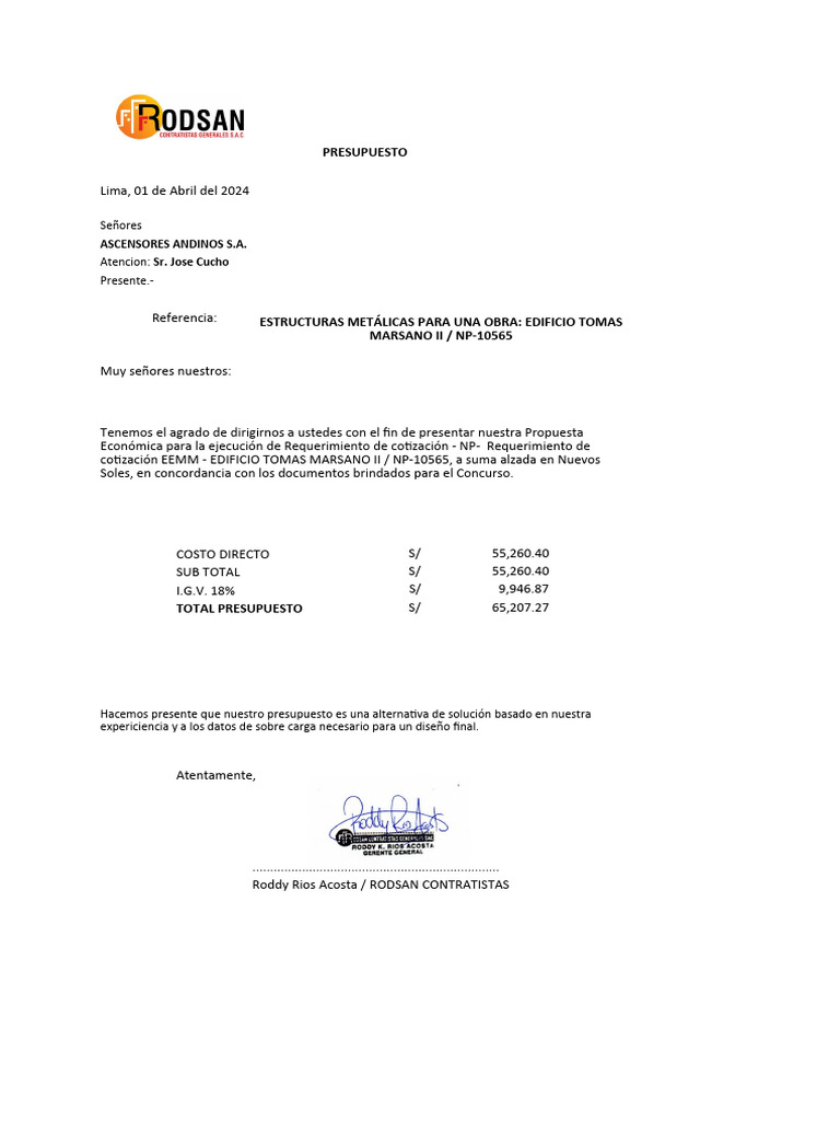 Presupuesto Suministro e Instalacion de Eemm Torre A Rev.01 | PDF ...