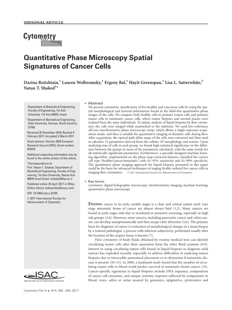 Cytometry PT A - 2017 - Roitshtain - Quantitative Phase Microscopy ...