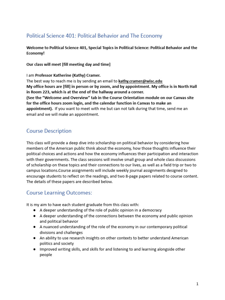Poli Sci 401 - Pol Behavior and Economics Syllabus Sketch | PDF | Populism | Redistribution Of ...