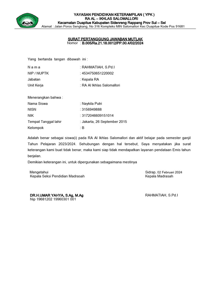 SPTJM Reaktifasi Siswa Di Emis 4.0 | PDF | Karier & Perkembangan