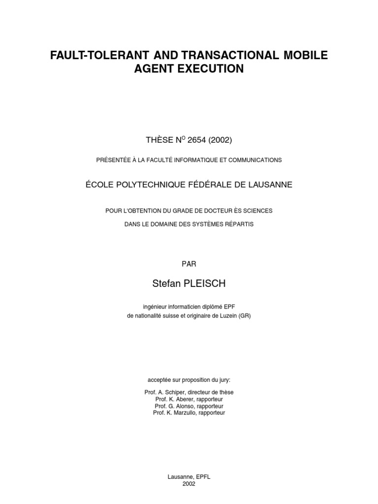 Fault-Tolerant and Transactional Mobile Agent Execution: Thèse N 2654 (2002) | PDF | Replication ...