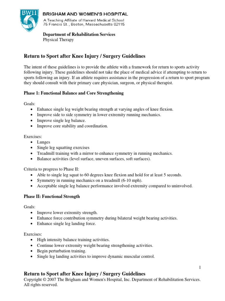 Le Return To Sport Following Knee Injury Surgery BWH | PDF | Physical ...