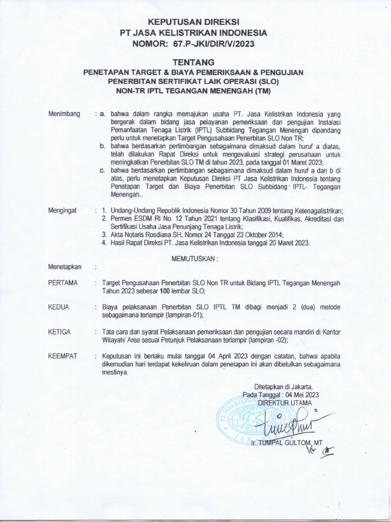 KEPDIR Target, Biaya & Mekanisme SLO IPTL Tegangan Menengah | PDF