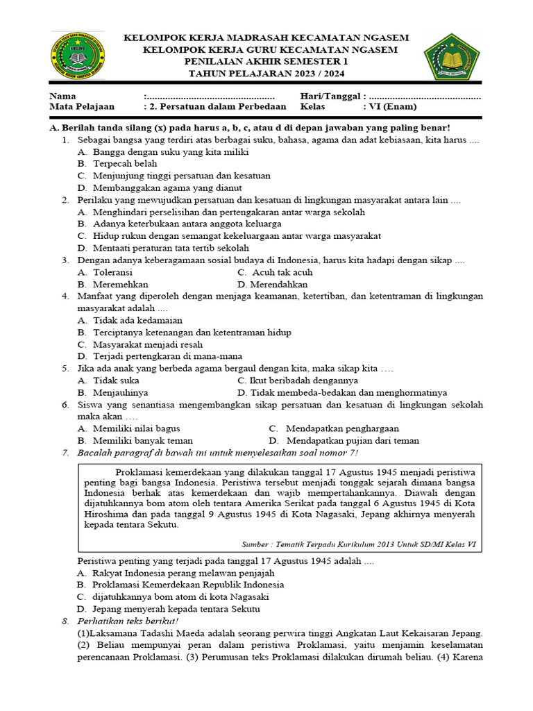 Soal Pas Tema 2 Kelas 6 2023-2024 | PDF | Perjalanan
