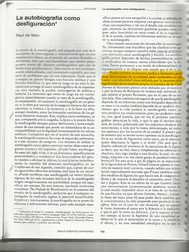 La Autobiografía Como Desfiguración P. de Man | PDF