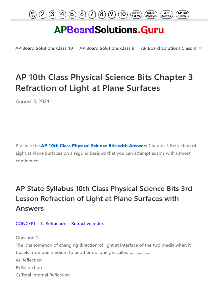 AP 10th Class Physical Science Bits Chapter 3 Refraction of Light at Plane Surfaces - AP Board ...