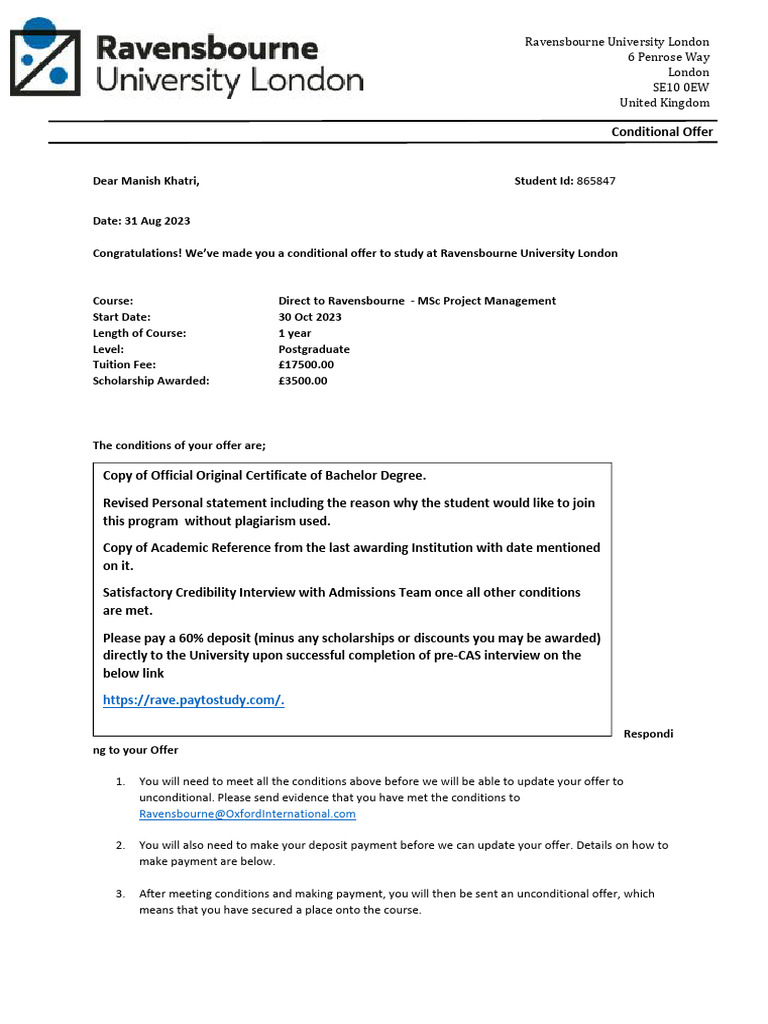 Conditional Offer for MSc Project Management | PDF