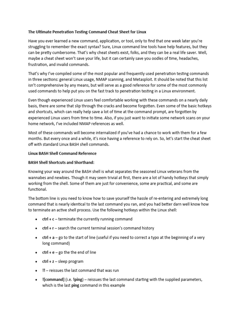 The Ultimate Penetration Testing Command Cheat Sheet For Linux | PDF ...