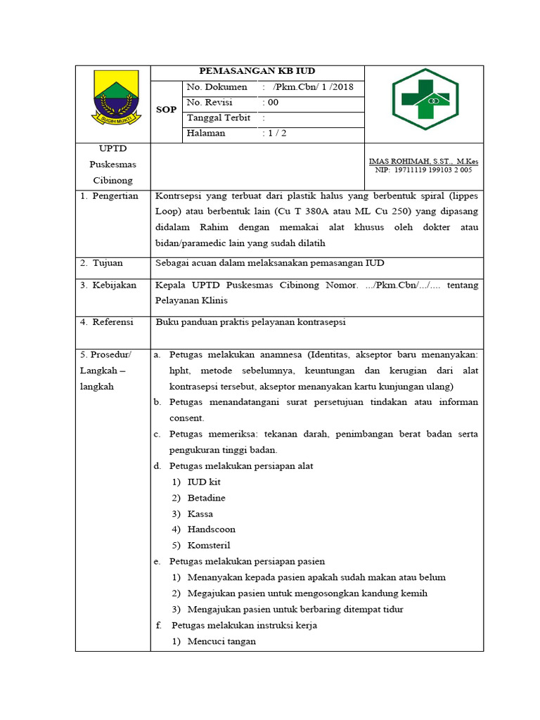 SOP Pemasangan KB IUD di Puskesmas | PDF | Kesehatan Holistik | Sains ...