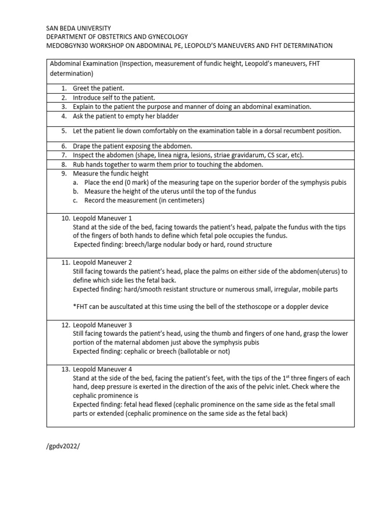 Abdominal Examination Leopolds FHT Determination | PDF
