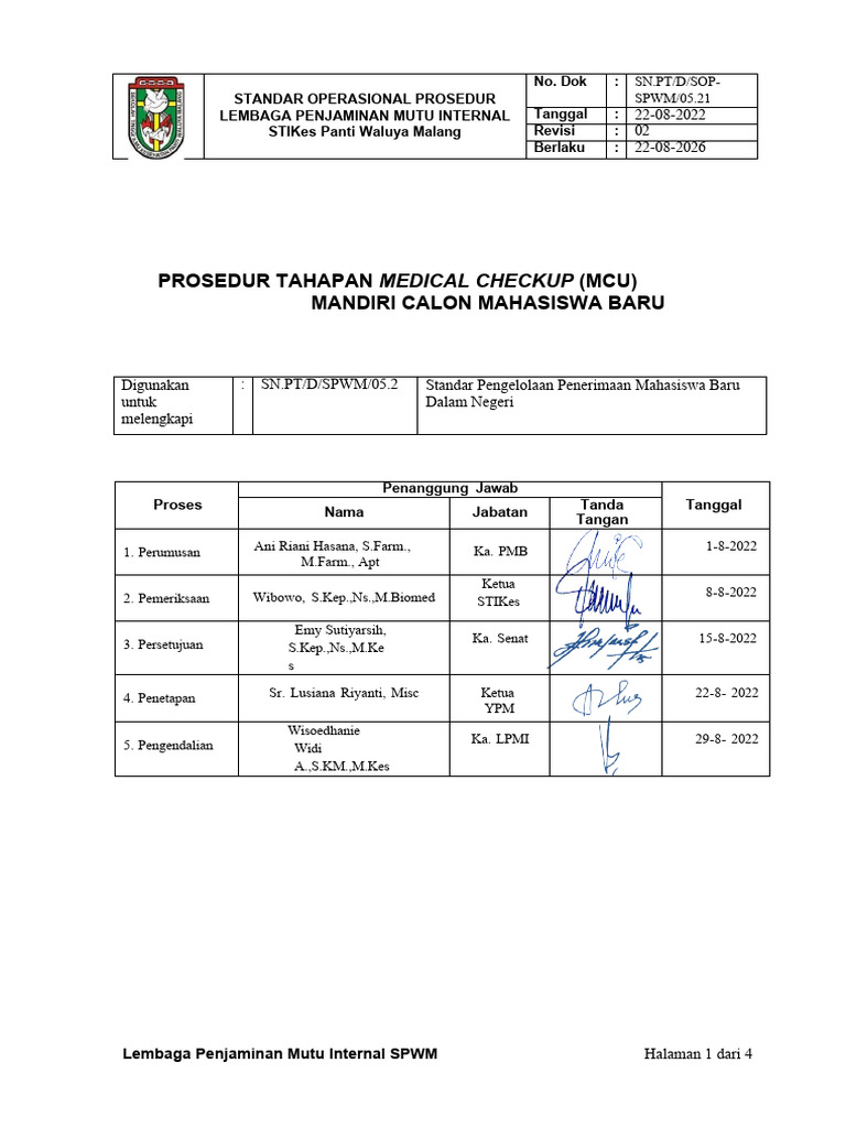 5.21 Tambahan SOP Medical Checkup Mandiri CMABA Contoh Sop Mcu | PDF