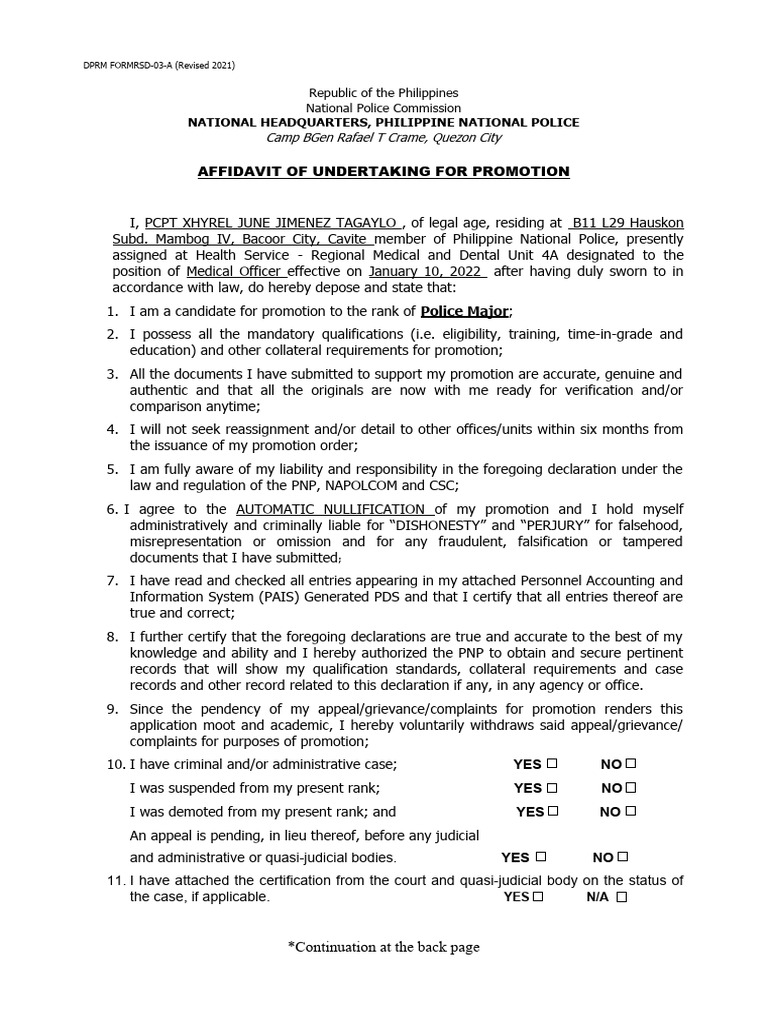 Affidavit for PNP Promotion 2021 | PDF | Affidavit | Justice