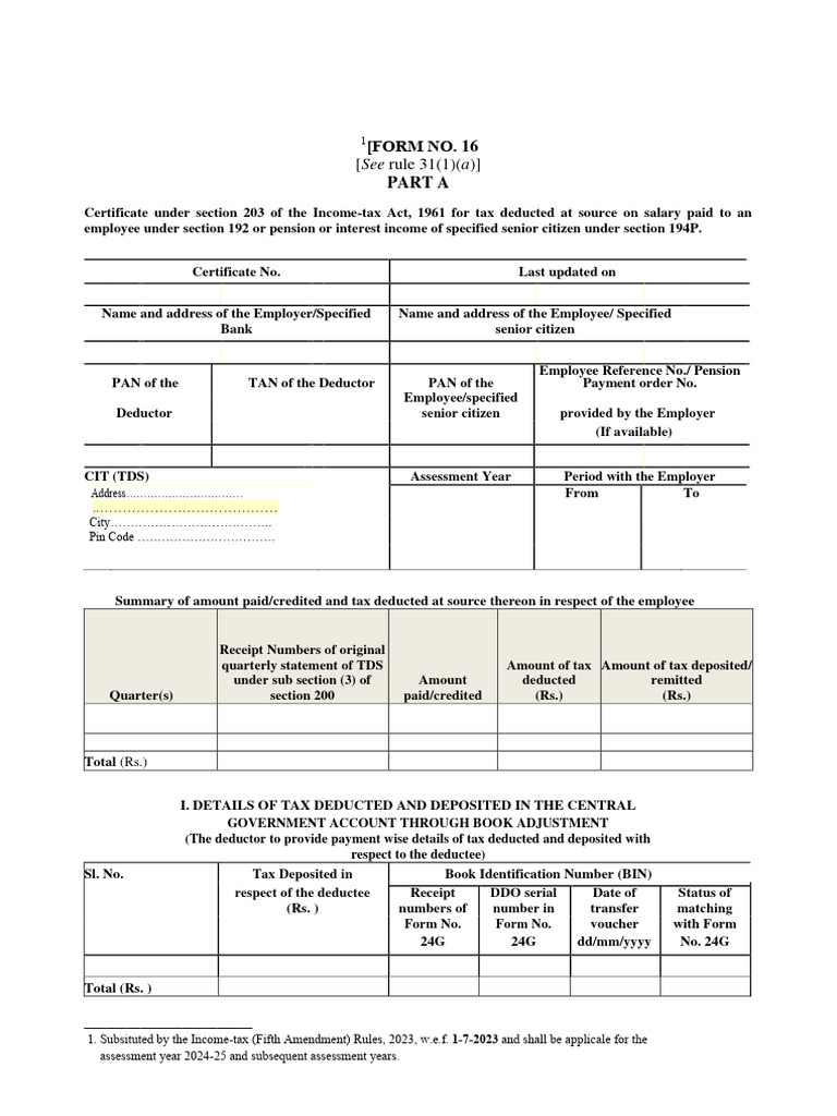 (See Rule 31 (1) (A) ) : (Form No. 16 Part A | PDF | Payments | Taxes