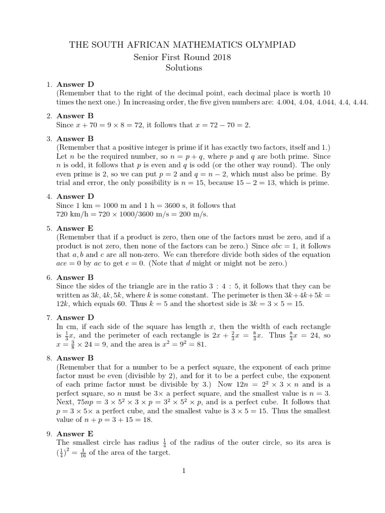 The South African Mathematics Olympiad Senior First Round 2018 ...
