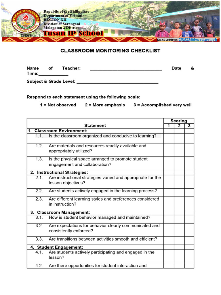 Classroom Monitoring Checklist Guide | PDF | Learning | Classroom
