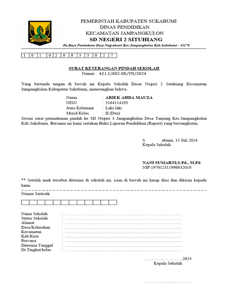 Contoh Surat Mutasi Siswa | PDF