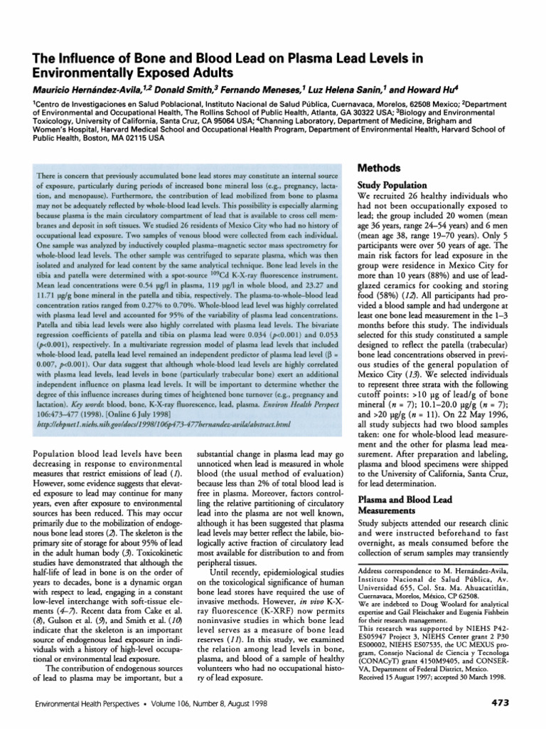 Hernández Avila Et Al 1998 The Influence of Bone and Blood Lead On ...