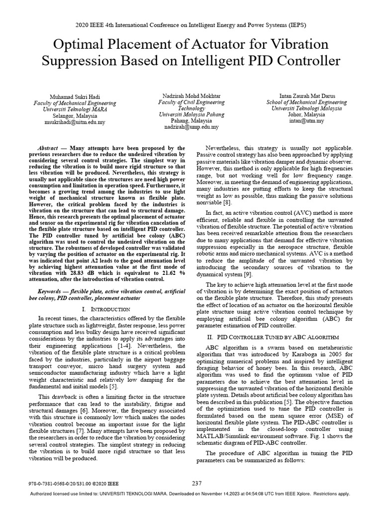 Optimal Placement Of Actuator For Vibration Suppression Based On Intelligent Pid Controller