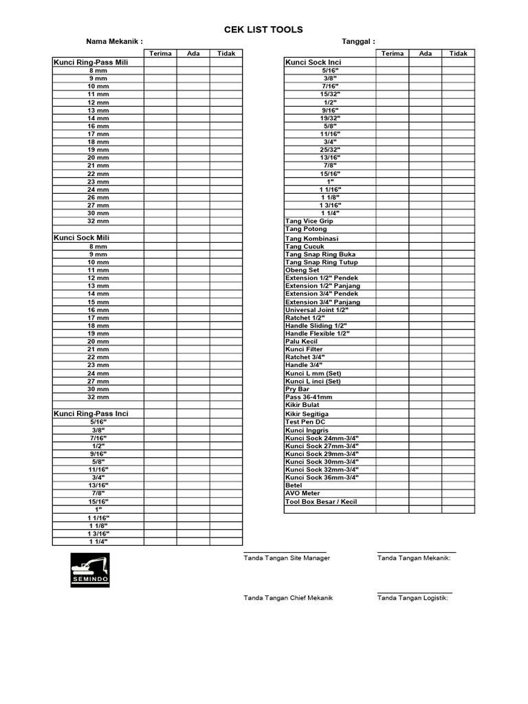 Check List Tool Mekanik Semindo | PDF