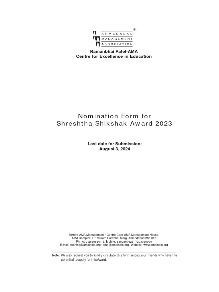 Nomination Form For Shreshtha Shikshak Award 2023 English | PDF | Teachers
