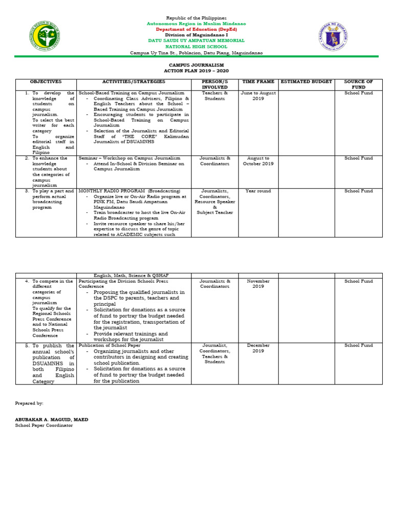 Campus Journalism Action Plan 2019-2020 | PDF | Philippines | Journalism