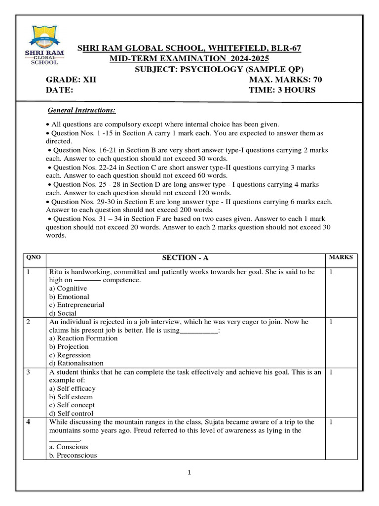 Psychology Sample QP for Grade XII | PDF | Intelligence | Intelligence ...