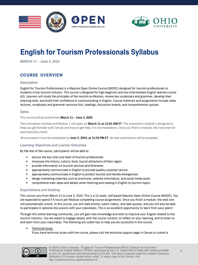 English For Tourism Mooc Syllabus Pdf Vocabulary Reading