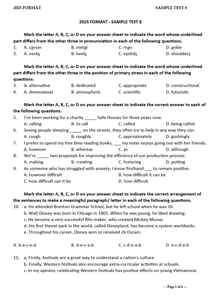 Sample Test 8 for Grade 8 English 2025 | PDF | Coral | Fever