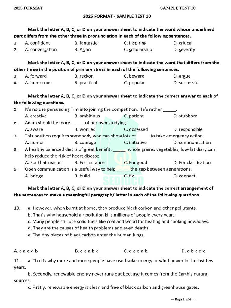 Practice Test 10 (2025 Format) | PDF | Fuels | Renewable Energy