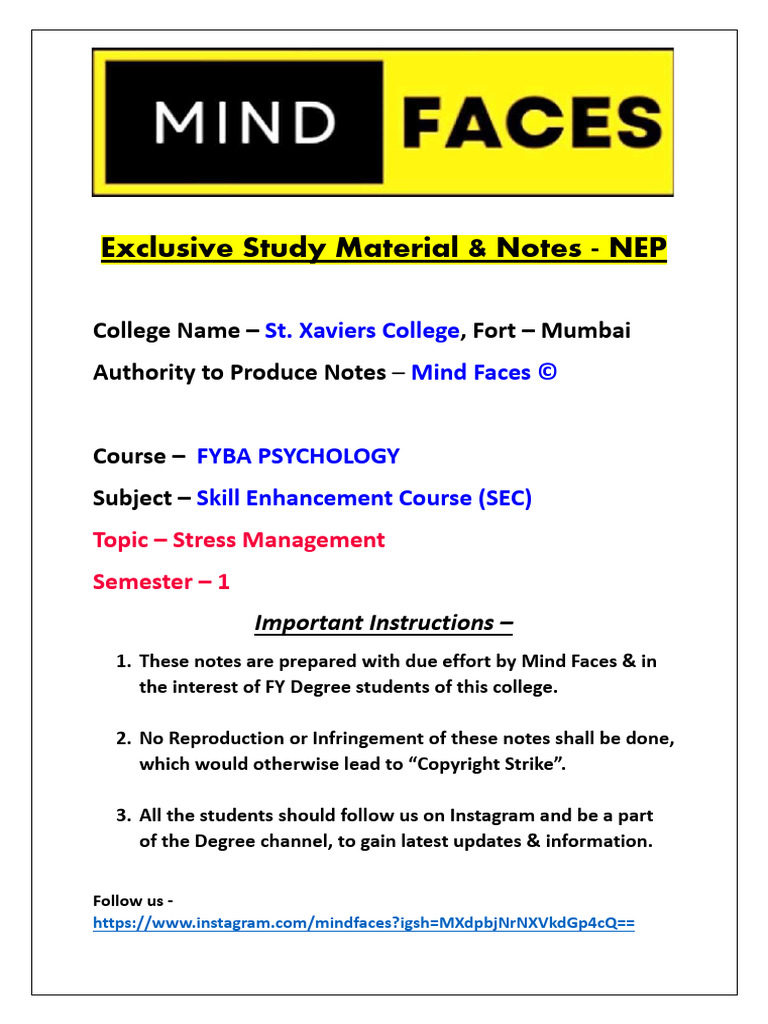 Mind Faces - FYBA PSYCHOLOGY (SEC) SEM 1 | PDF | Stress (Biology) | Relaxation (Psychology)