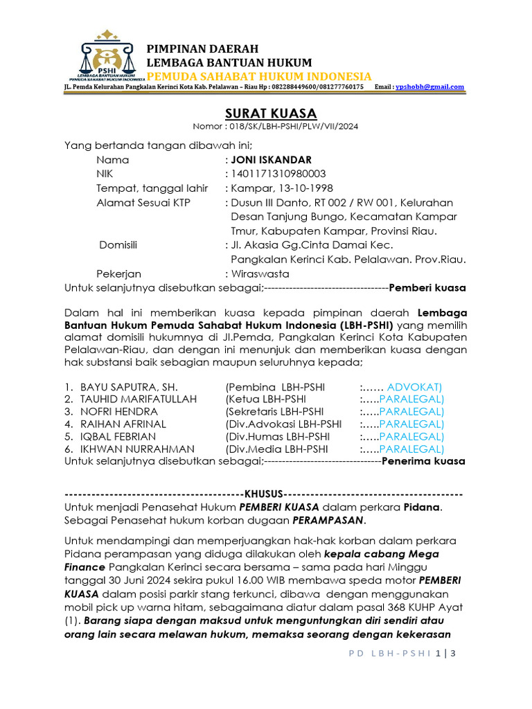 Surat Kuasa Pidana LBH PSHI Riau | PDF