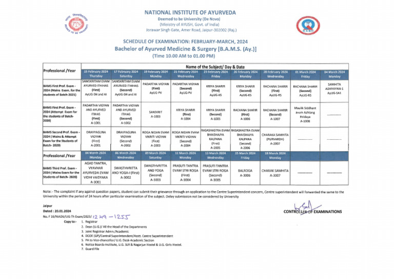 Time Table of BAMS Course February March 2024 Examination 20jan24 | PDF