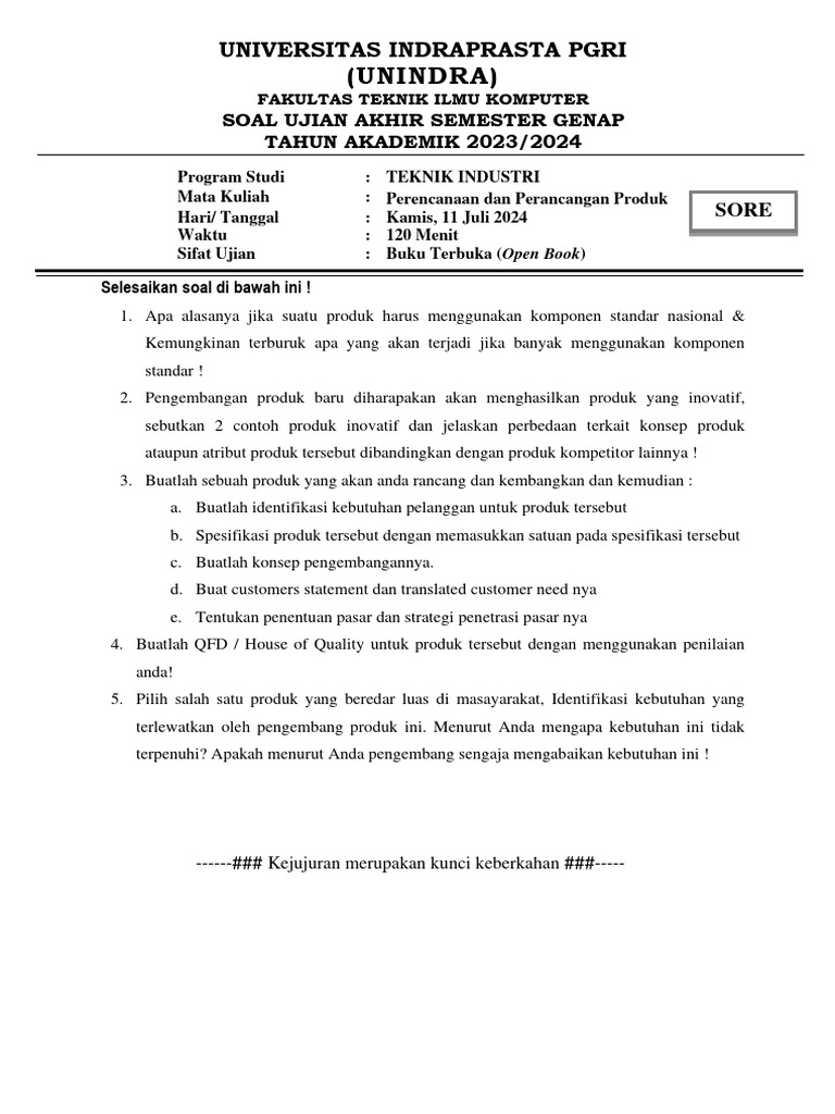 Sore Uas Perencanaan & Perancangan Produk Genap 2023-2024 | PDF ...
