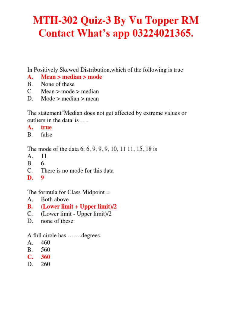 MTH302 Quiz-3 by Vu Topper RM | PDF | Mean | Variance