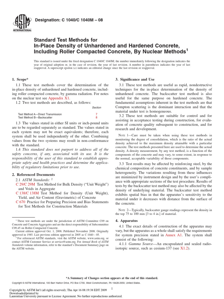 In-Place Density of Unhardened and Hardened Concrete, Including Roller ...