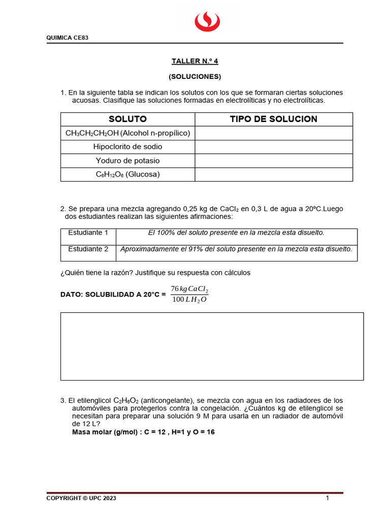 Ce83 Taller 4 Química | PDF | Solubilidad | Ácido clorhídrico