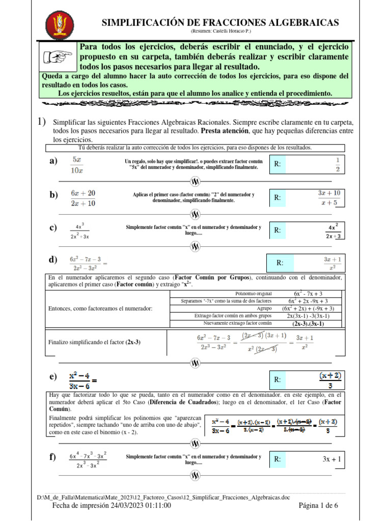 12 Simplificar Fracciones Algebraicas 230927 111508 | PDF | Factorización | Objetos matemáticos
