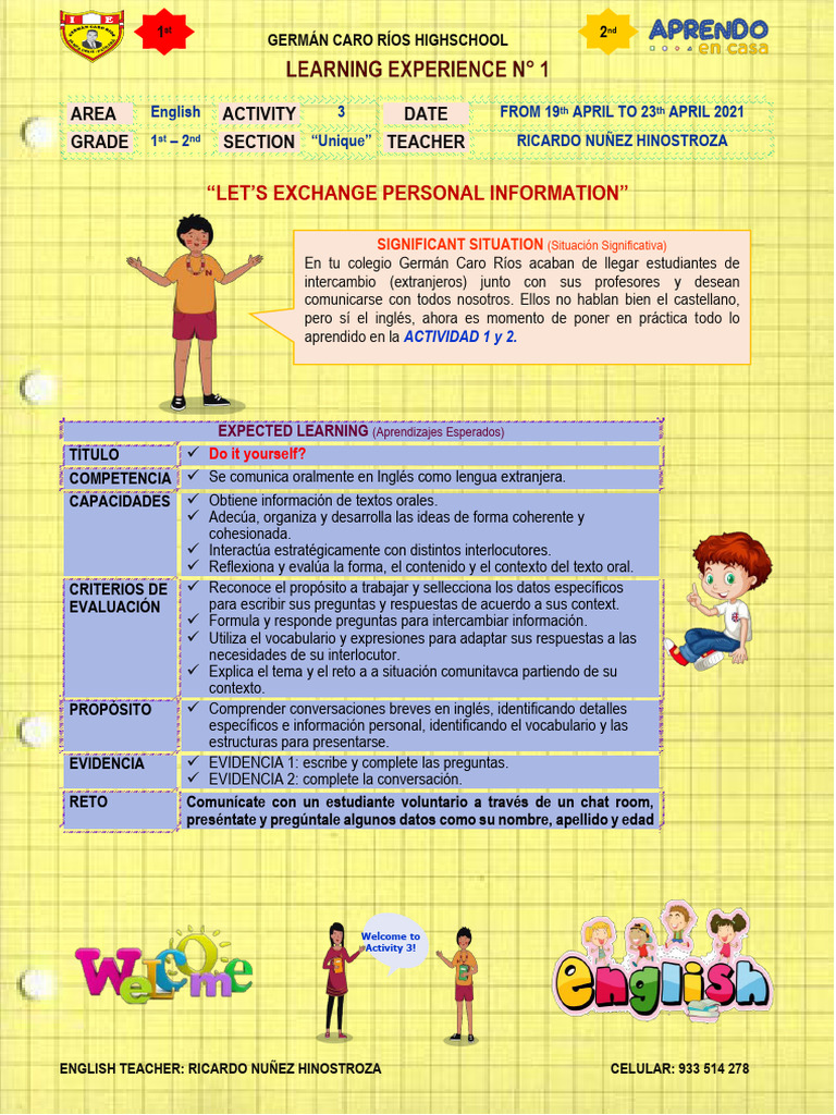 ENGLISH - LEARNING EXPERIENCE - SEMANA 3 - GRADO 1 y 2 | Descargar gratis PDF | Comunicación ...