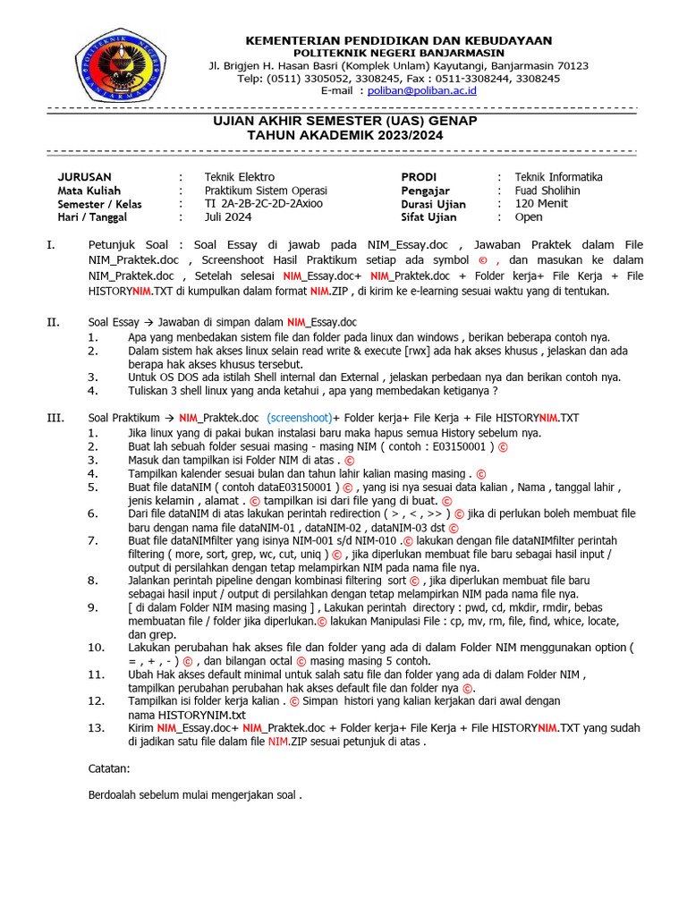 UAS Praktikum Sistem Operasi Ganjil Teknik Informatika | PDF