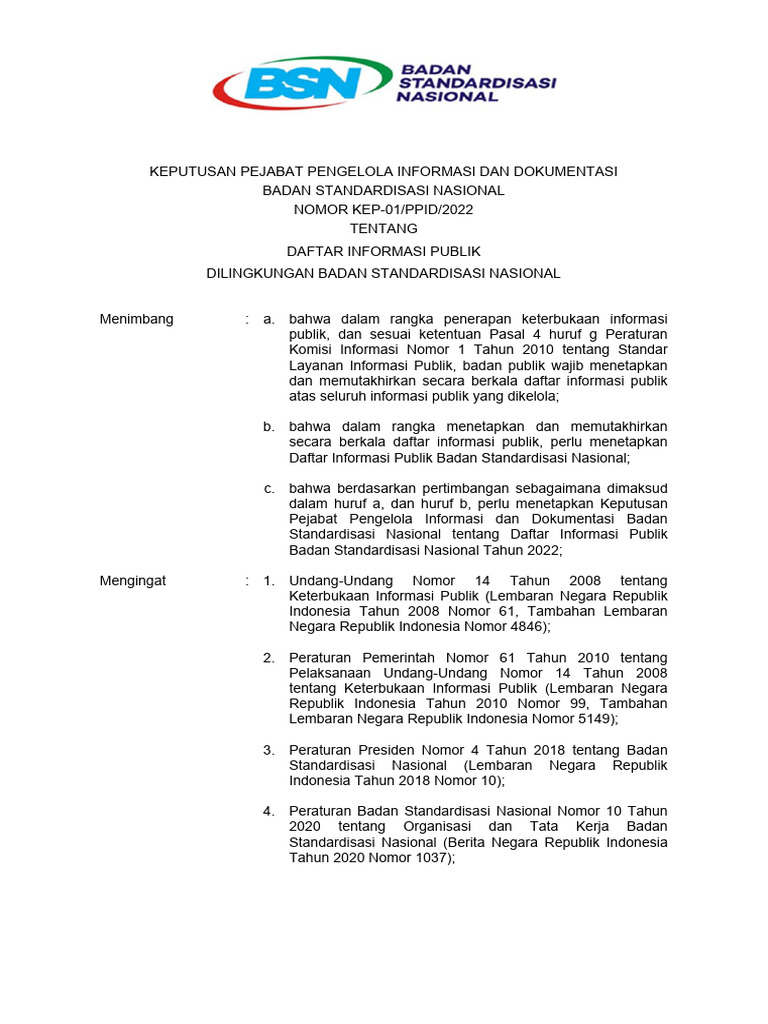 Kep PPID 01 Tahun 2022 Tentang DIP BSN 2022 | PDF